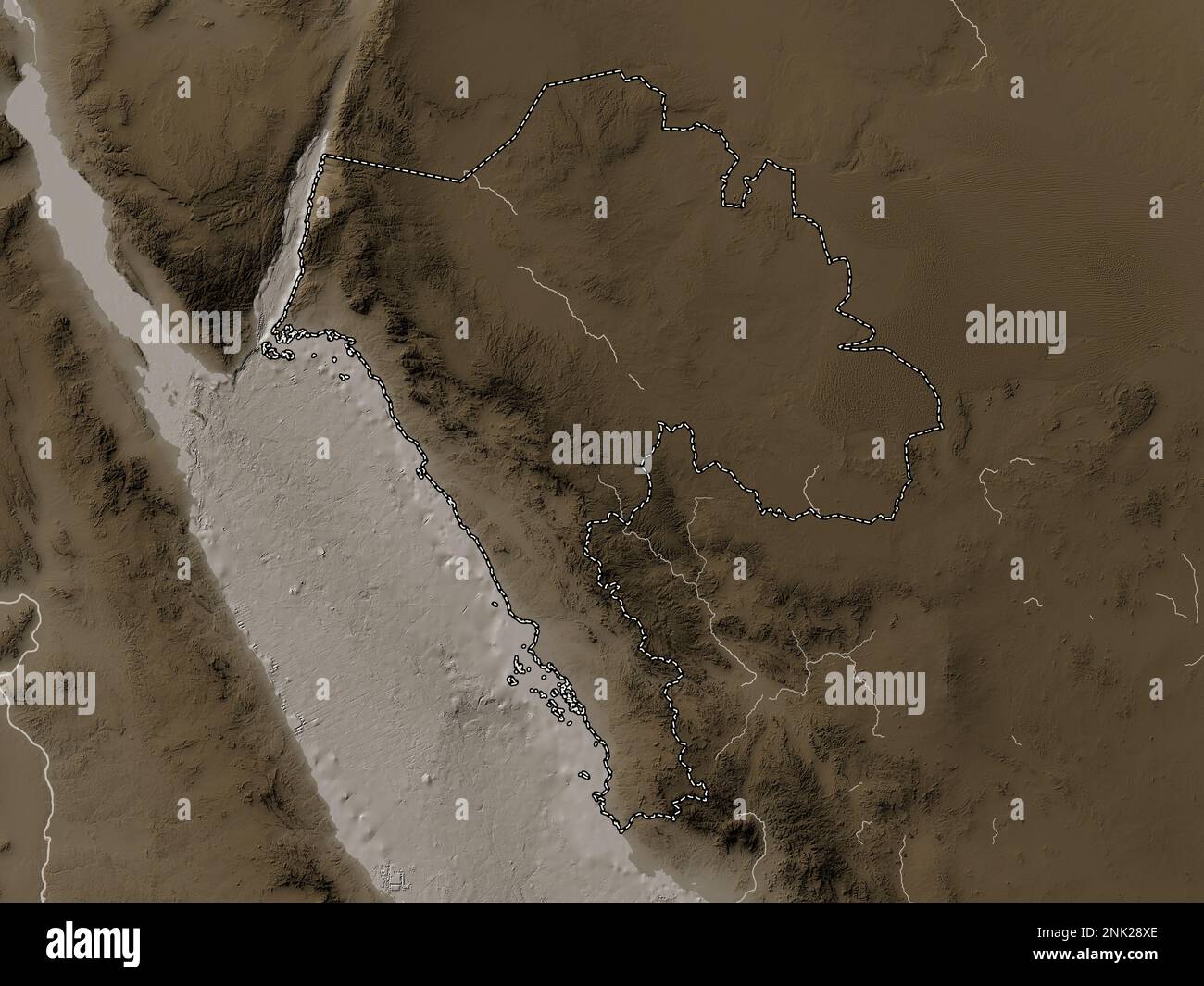 Tabuk, region of Saudi Arabia. Elevation map colored in sepia tones ...