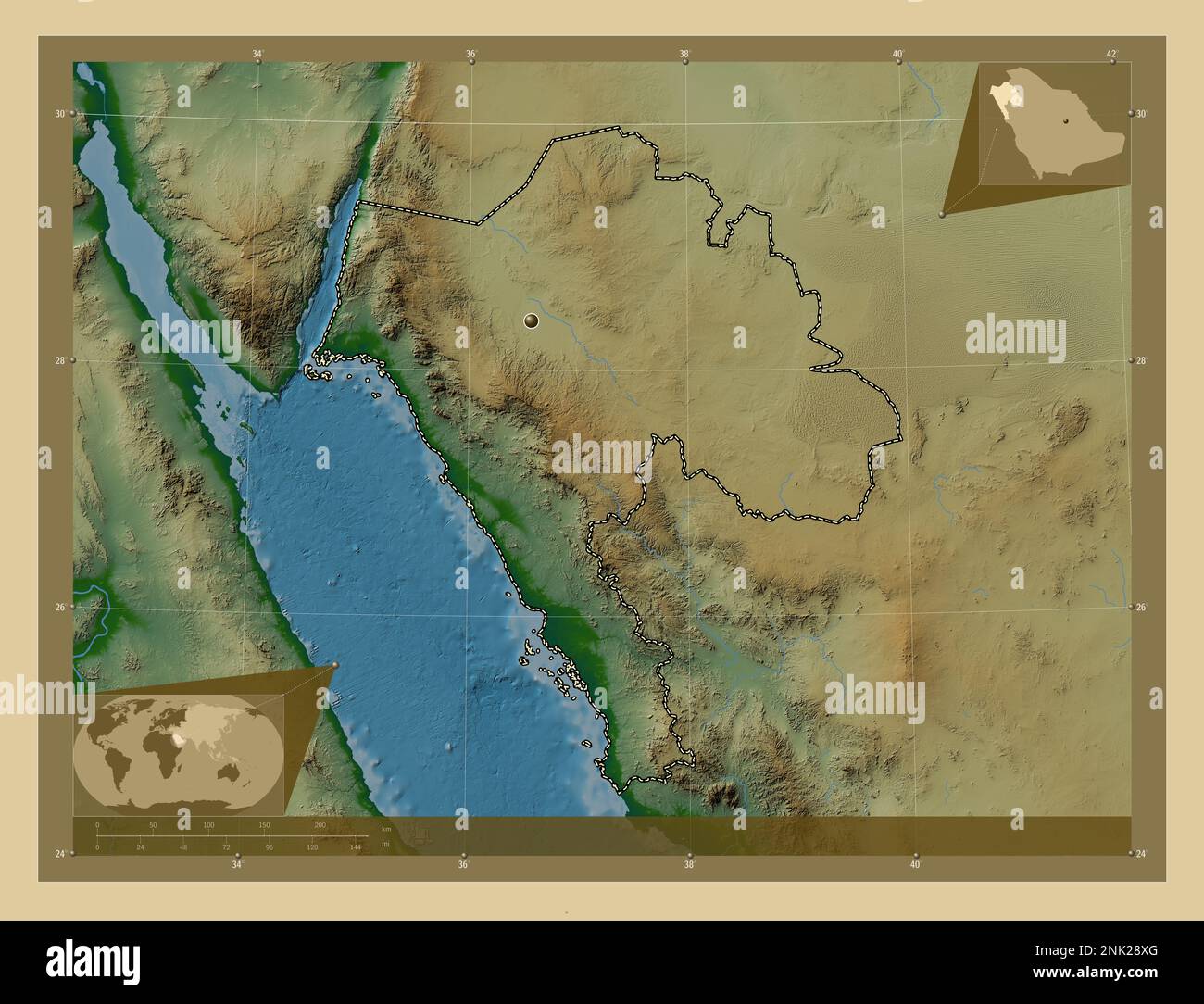 Tabuk, region of Saudi Arabia. Colored elevation map with lakes and ...