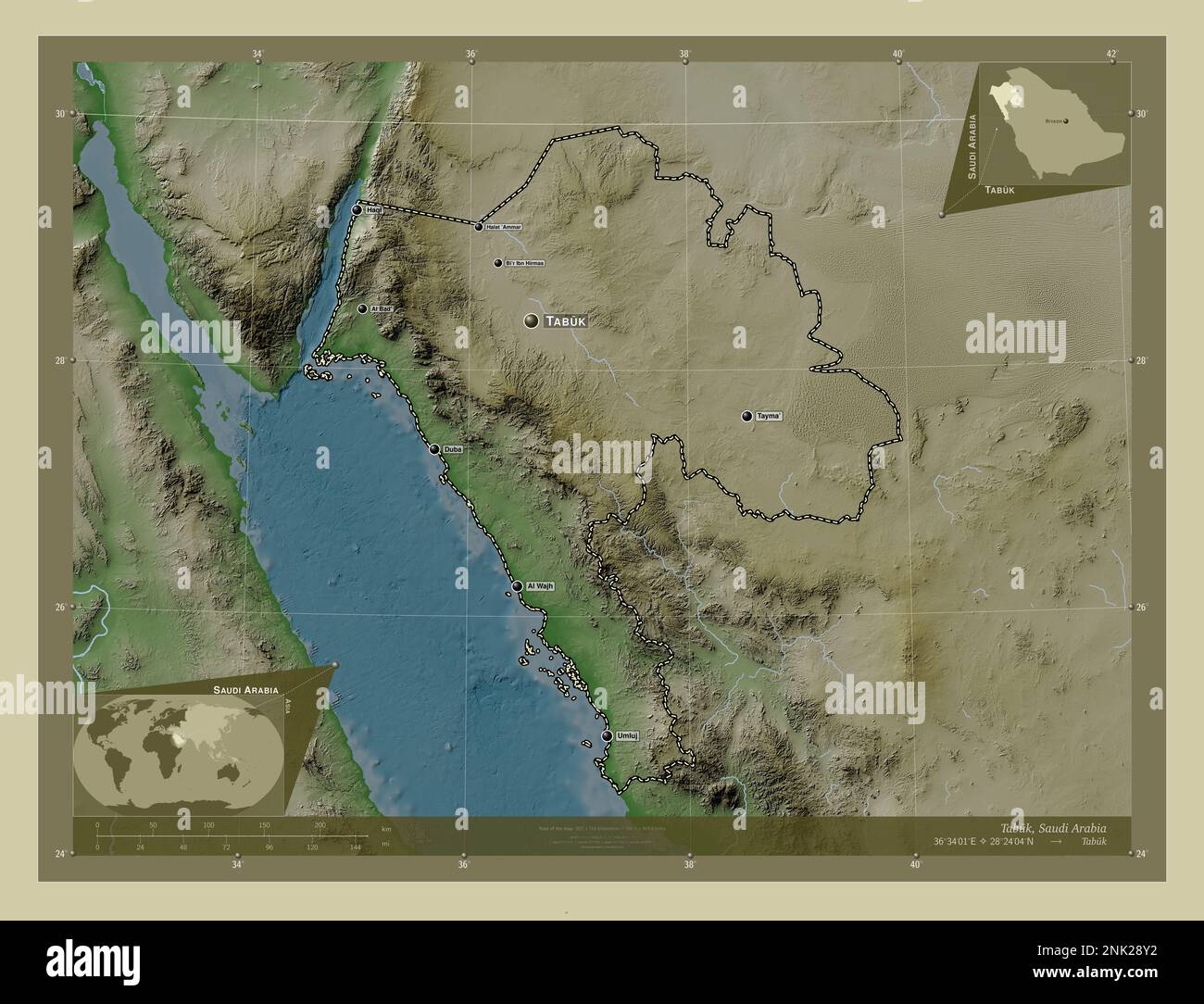 Tabuk, region of Saudi Arabia. Elevation map colored in wiki style with ...