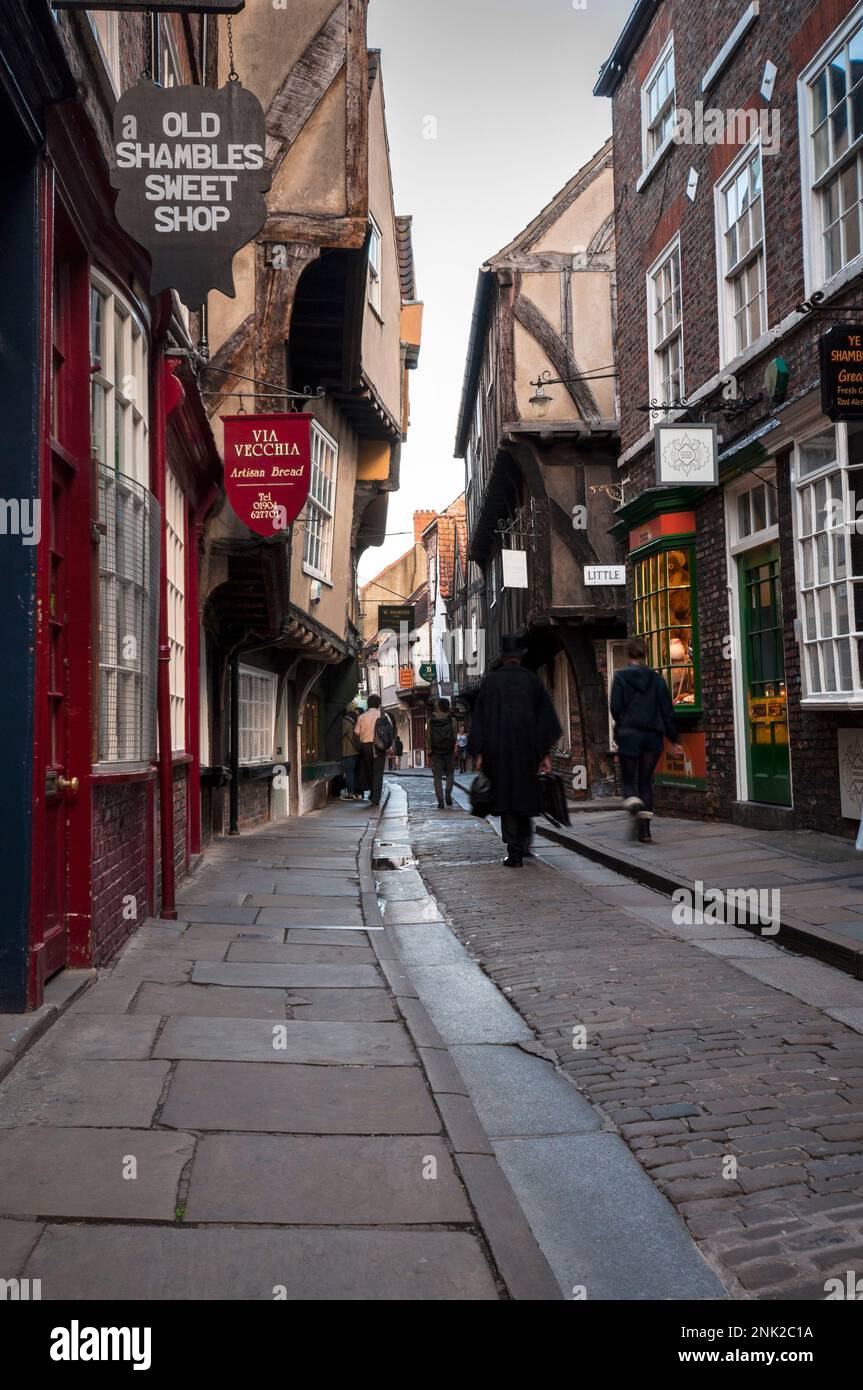 The Shambles is a narrow street in York with jettied floors that ...