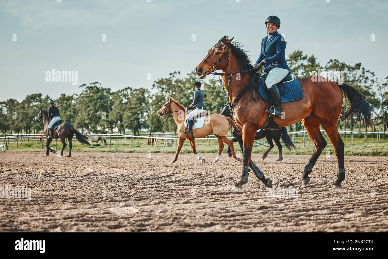 Woman, horse and race with ride, space and mockup with portrait, smile ...