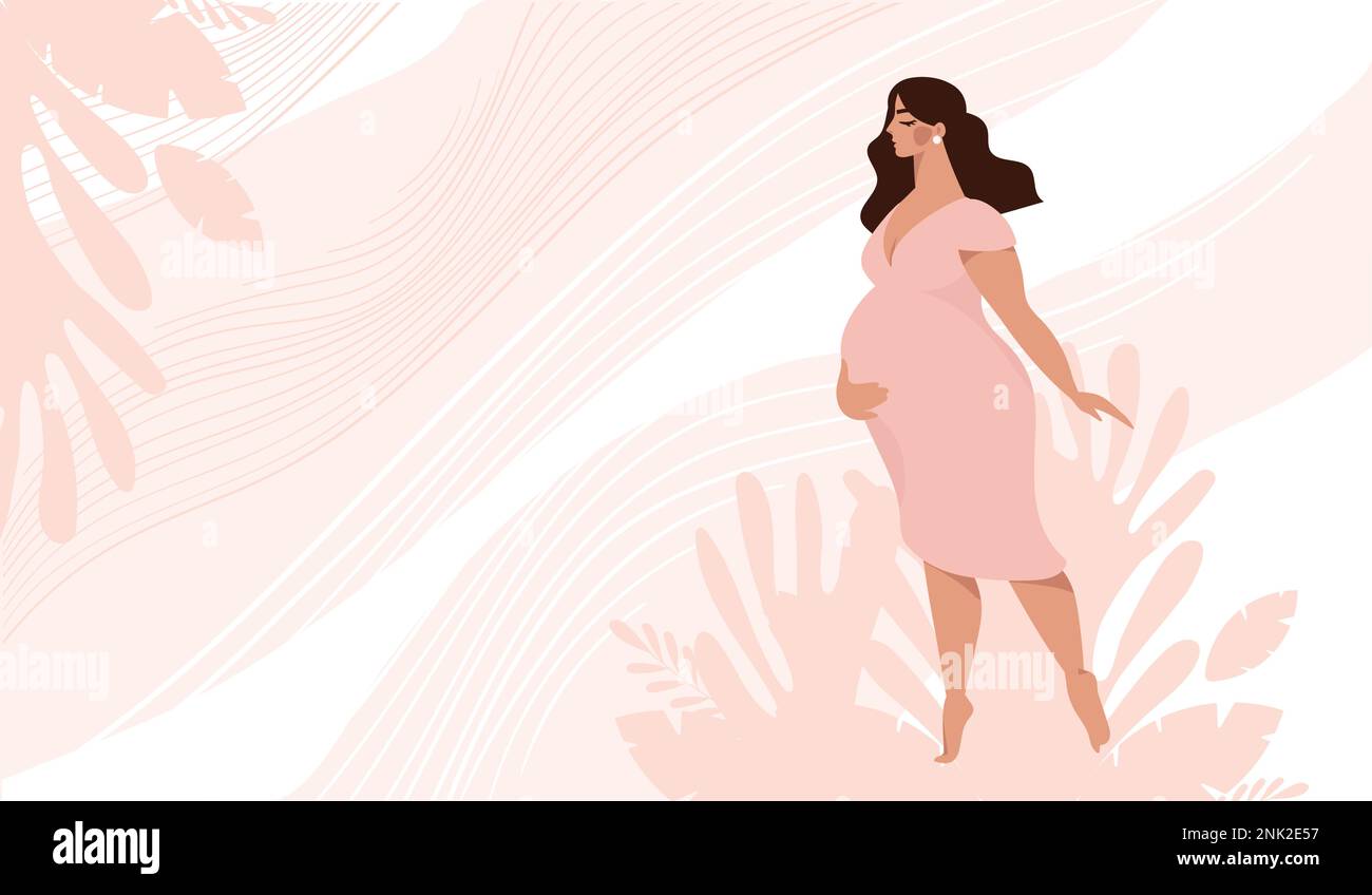 Beautiful pregnant woman on a pink background with a plant, the concept ...