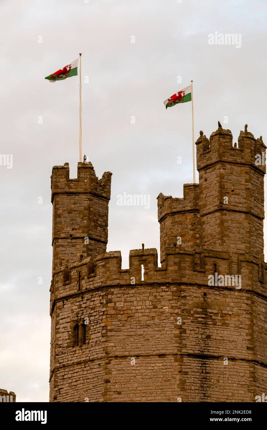 Triple- turret Eagle Tower of Edwardian style Caernarfon Castle ...