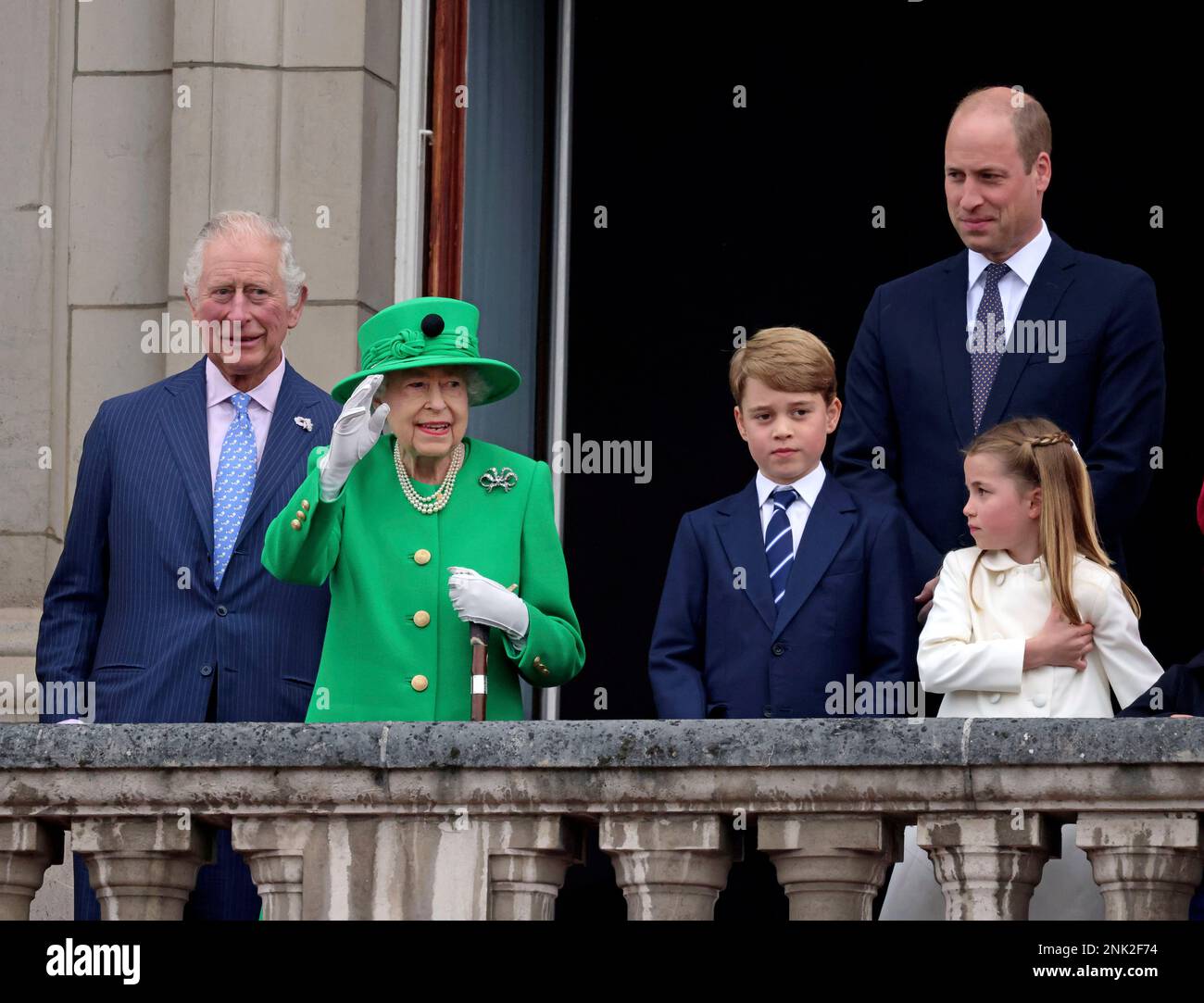 From left, Britain's Prince Charles, Queen Elizabeth II, Prince George ...