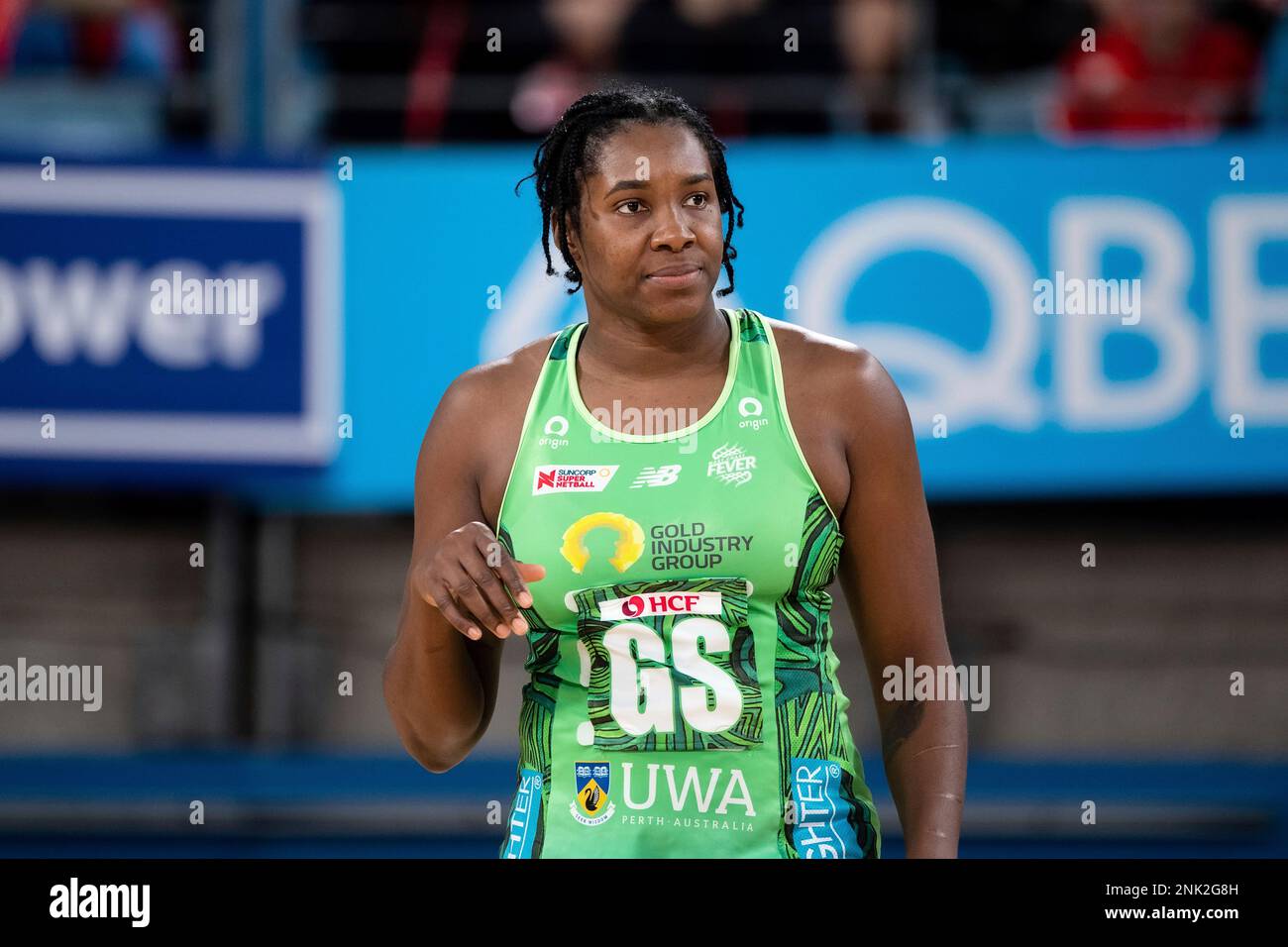 SYDNEY, AUSTRALIA - JUNE 05: Jhaniele Fowler of West Coast Fever looks ...