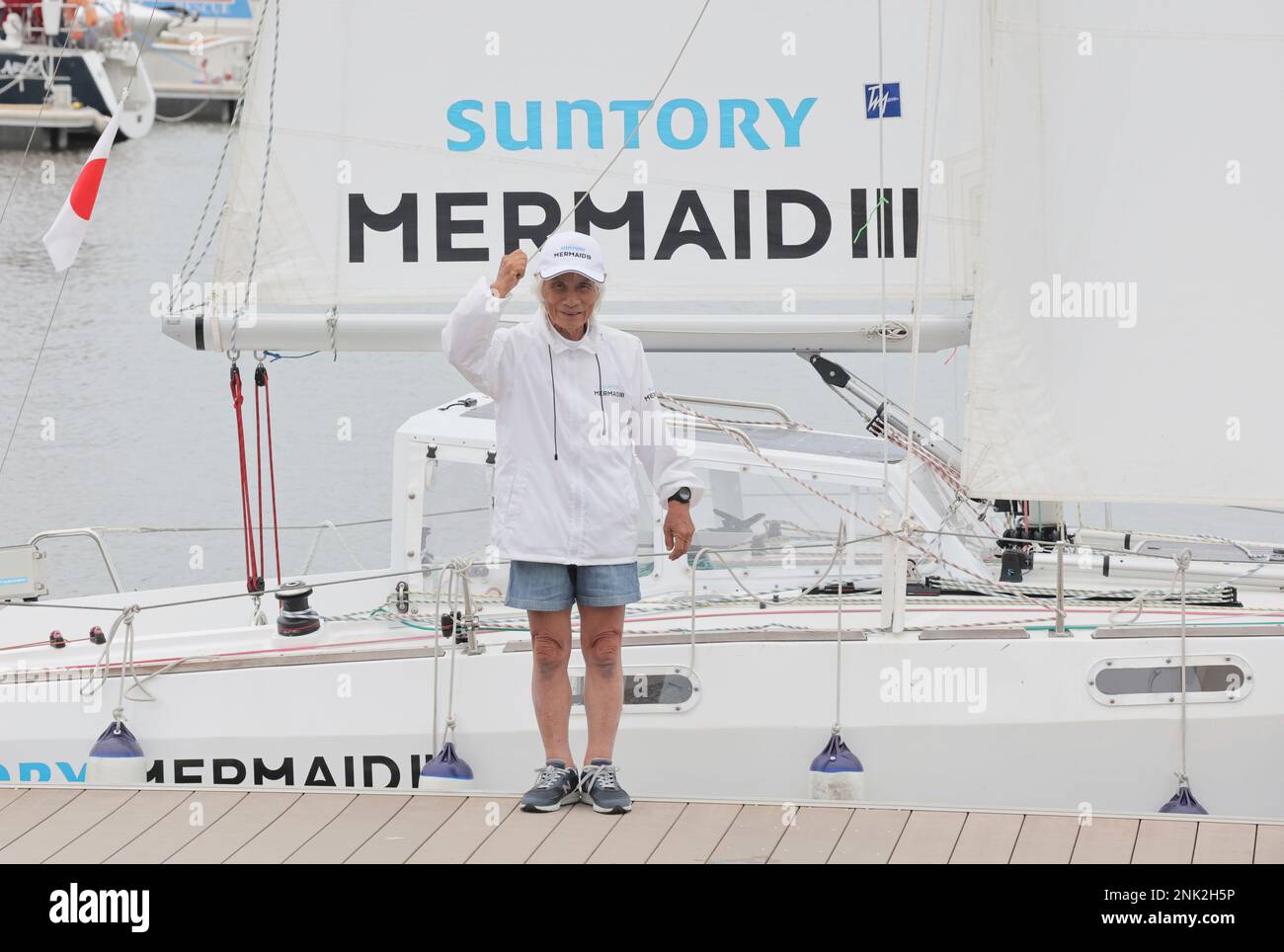 Yachtsman Kenichi Horie reacts after arriving at Shin-Nishinomiya Yacht ...