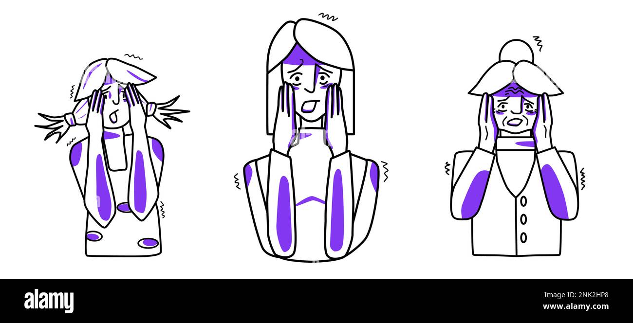 Scared female set. Young, adult and old women are afraid, emotion of ...