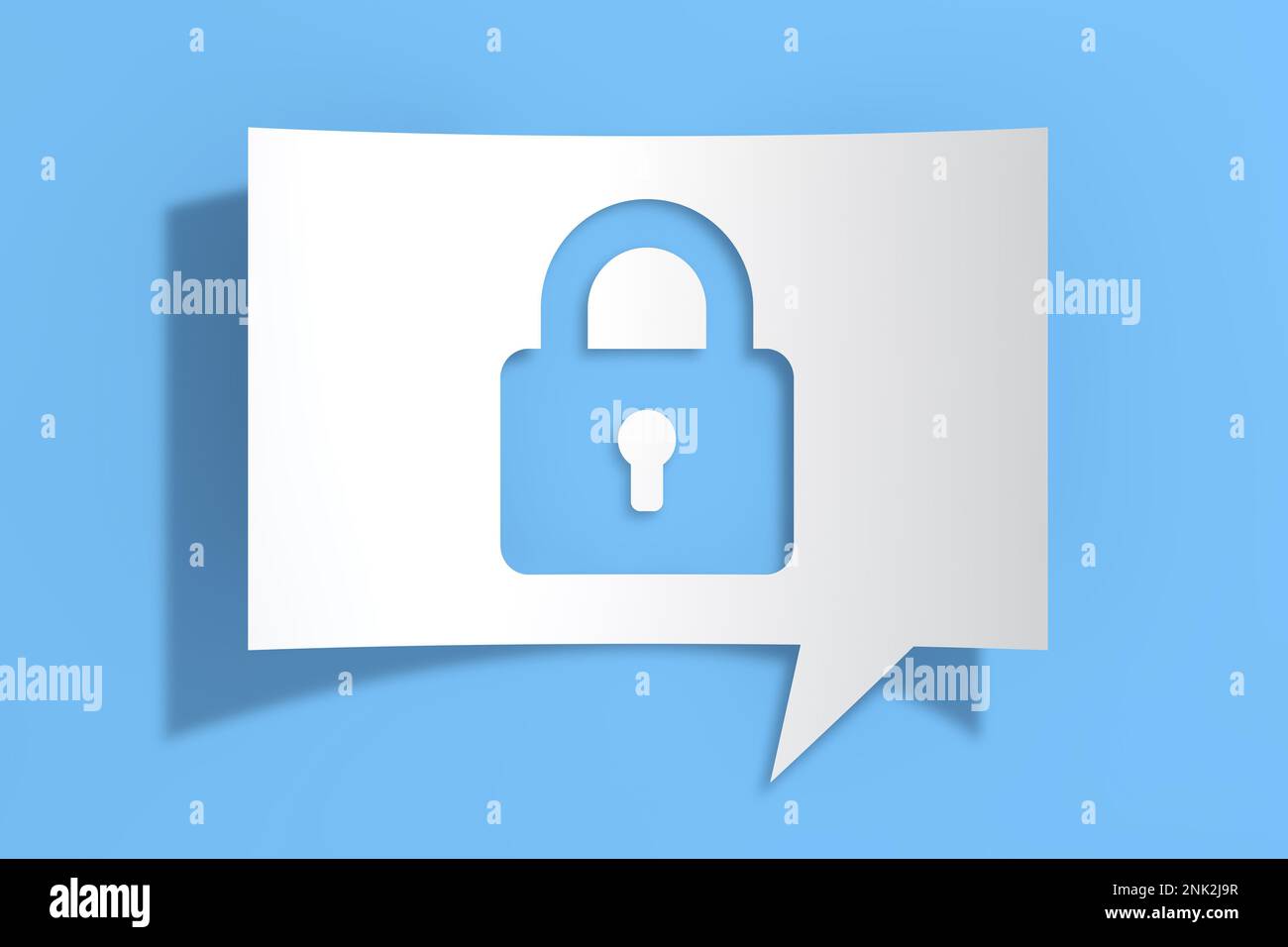 Closed Lock Icon on Cutout White Paper Speech Bubble on blue background ...