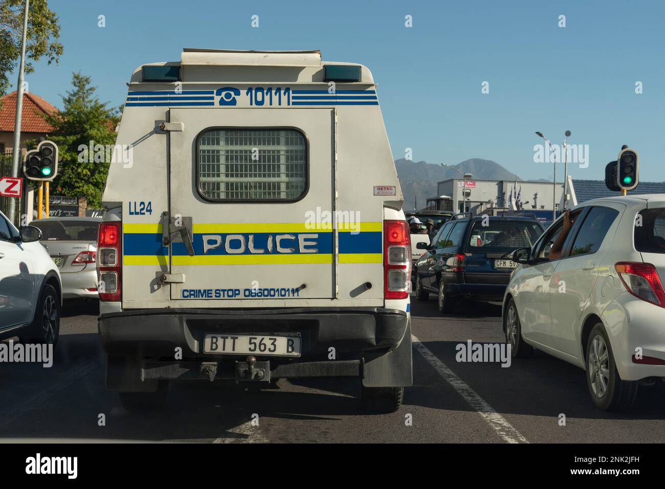 Cape Town South Africa. 2023. Driving behind SAPS police van in heavy ...