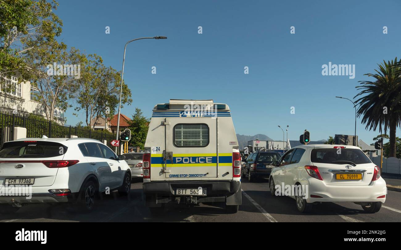 Cape Town South Africa. 2023. Driving behind SAPS police van in heavy ...