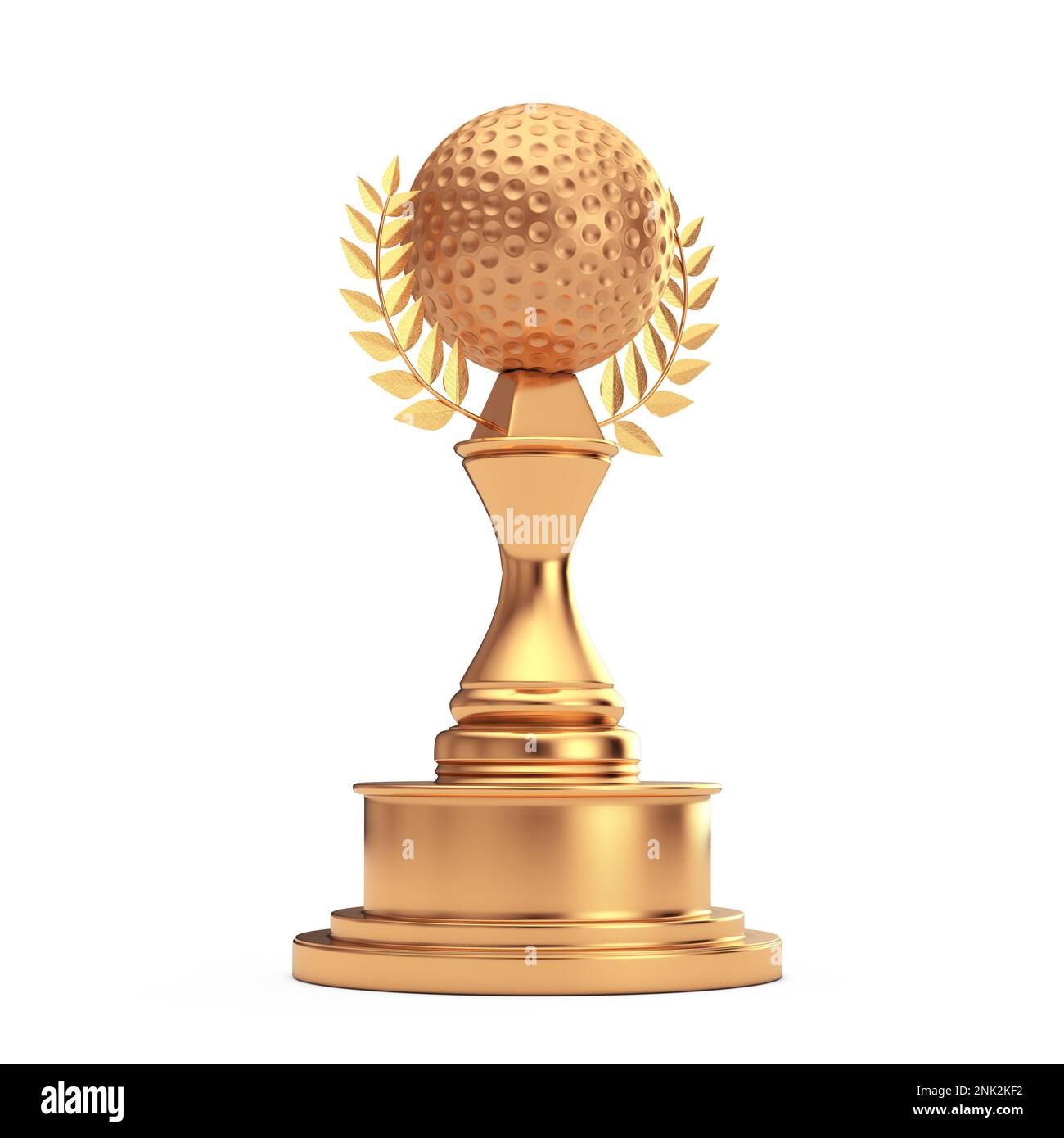 Golden Award Trophy with Golden Golf Ball and Laurel Wreath on a white ...