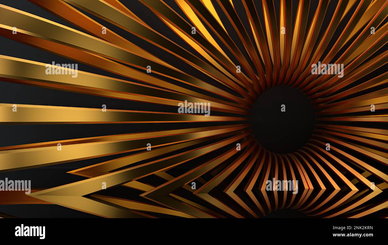 Gold and black donut -shaped metal ring and reflective abstract, dramatic, modern and high ...