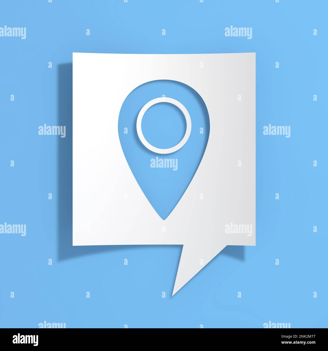 Map Pointer Pin on Cutout White Paper Speech Bubble on blue background ...