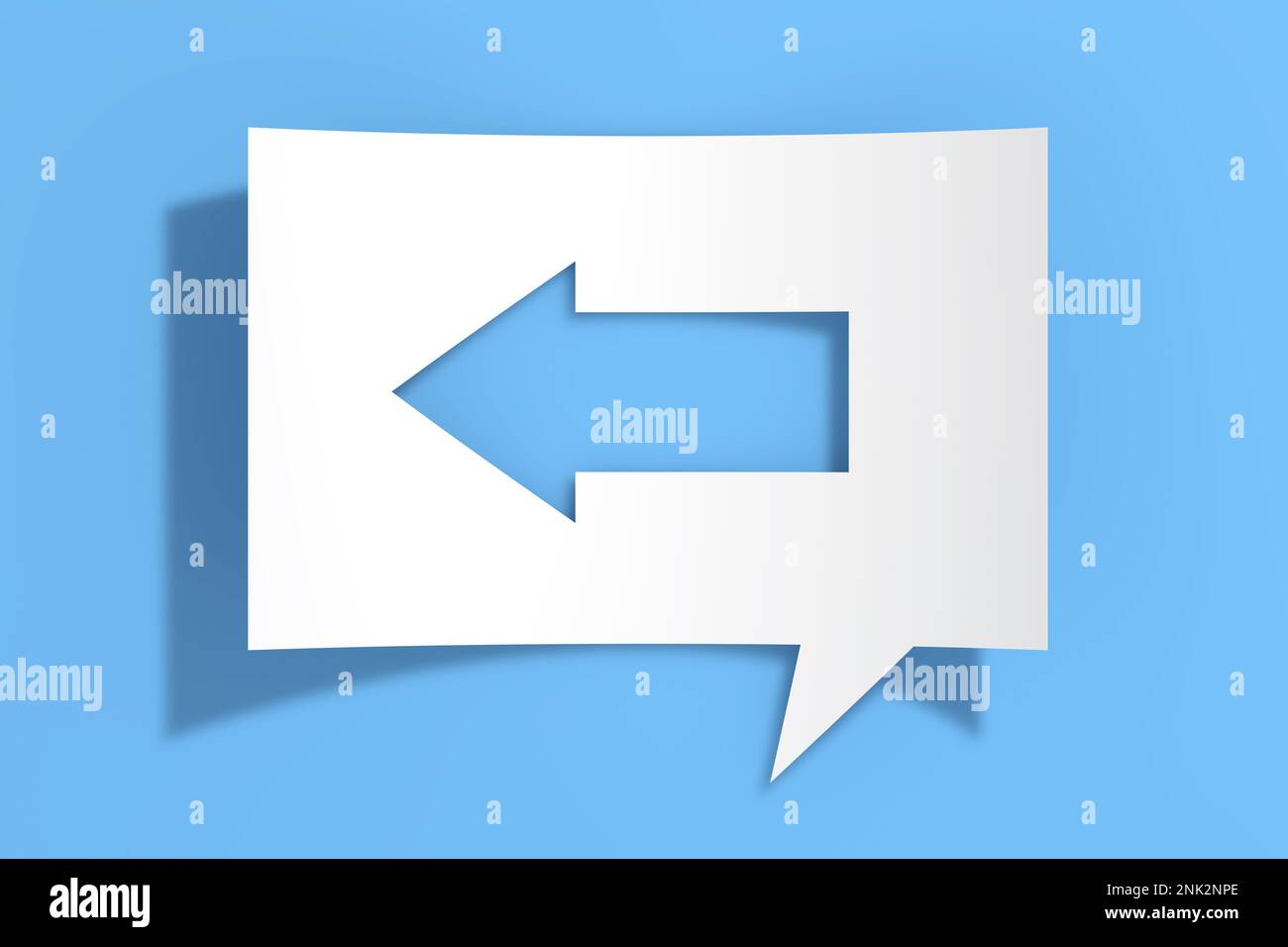 Arrow Left Icon on Cutout White Paper Speech Bubble on blue background ...