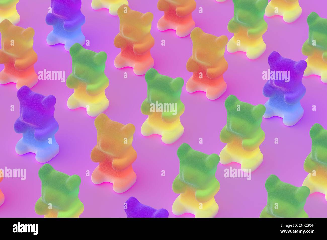 Rows of Colorful Gummy Candy Bears for Kids on a pink background. 3d ...