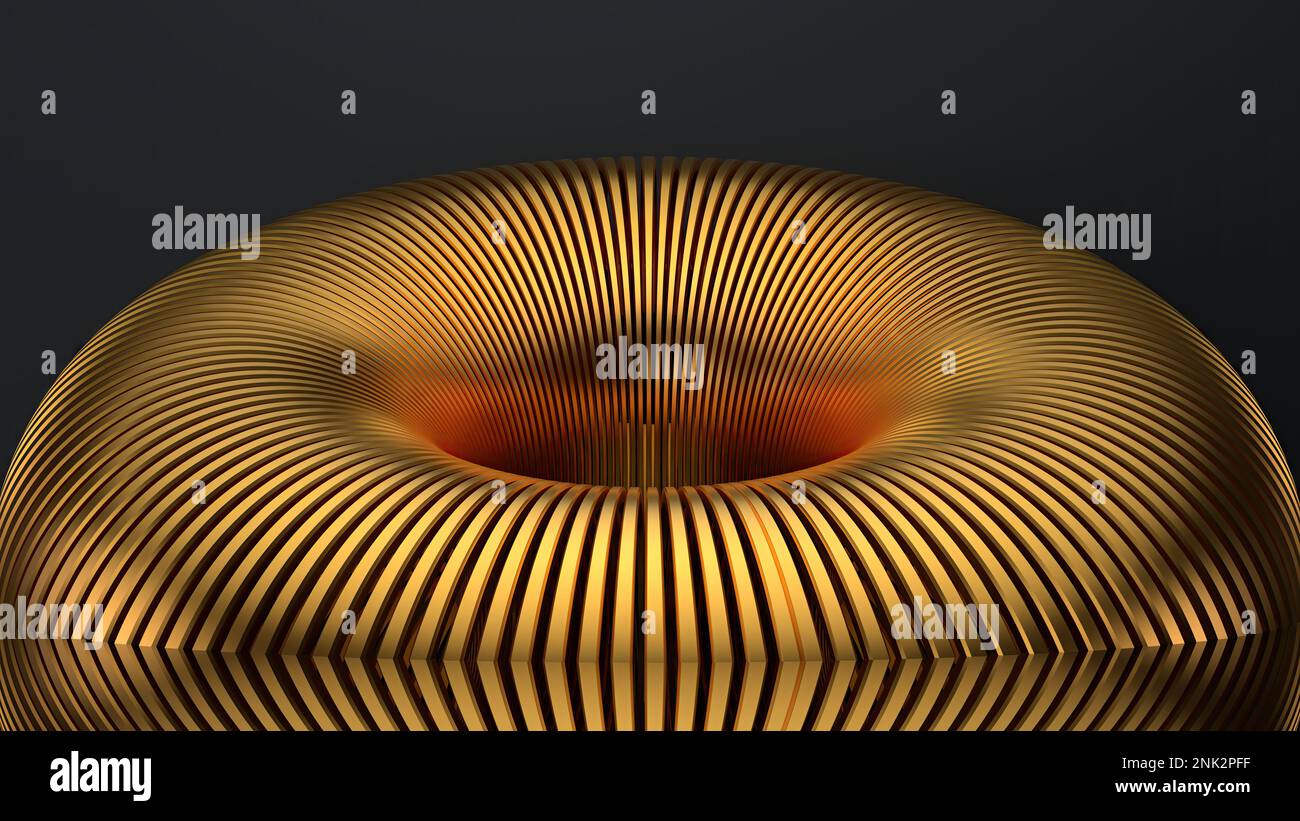 Expansion of gold and black metal rings donut -shaped, reflective ...