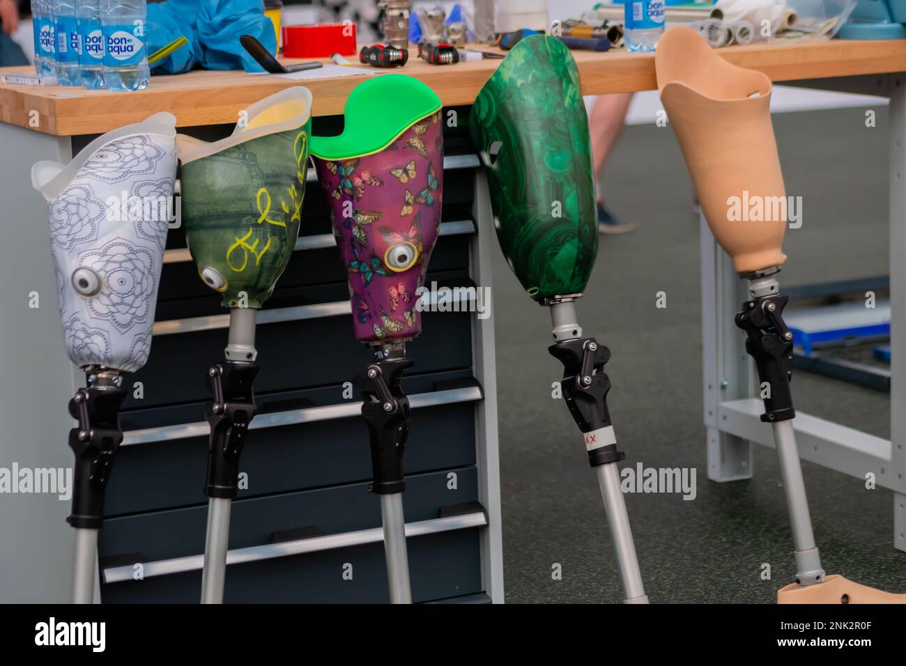 Row of modern prosthetic legs at medical exhibition Stock Photo - Alamy