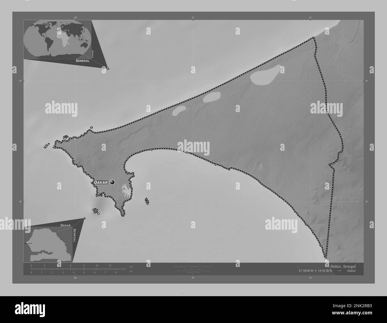 Dakar, region of Senegal. Grayscale elevation map with lakes and rivers ...