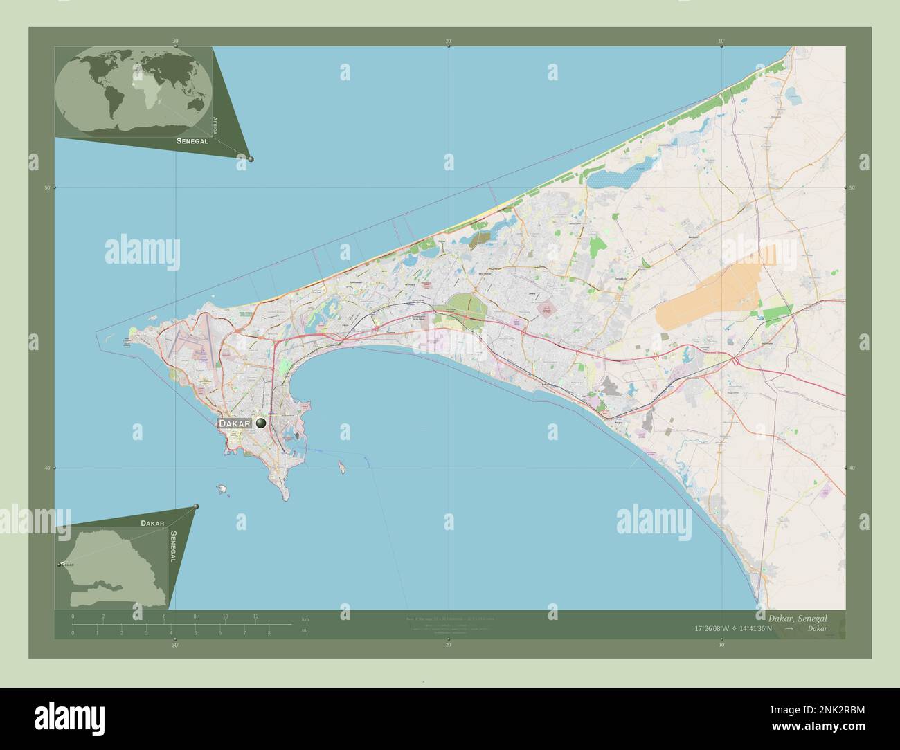 Dakar, region of Senegal. Open Street Map. Locations and names of major ...