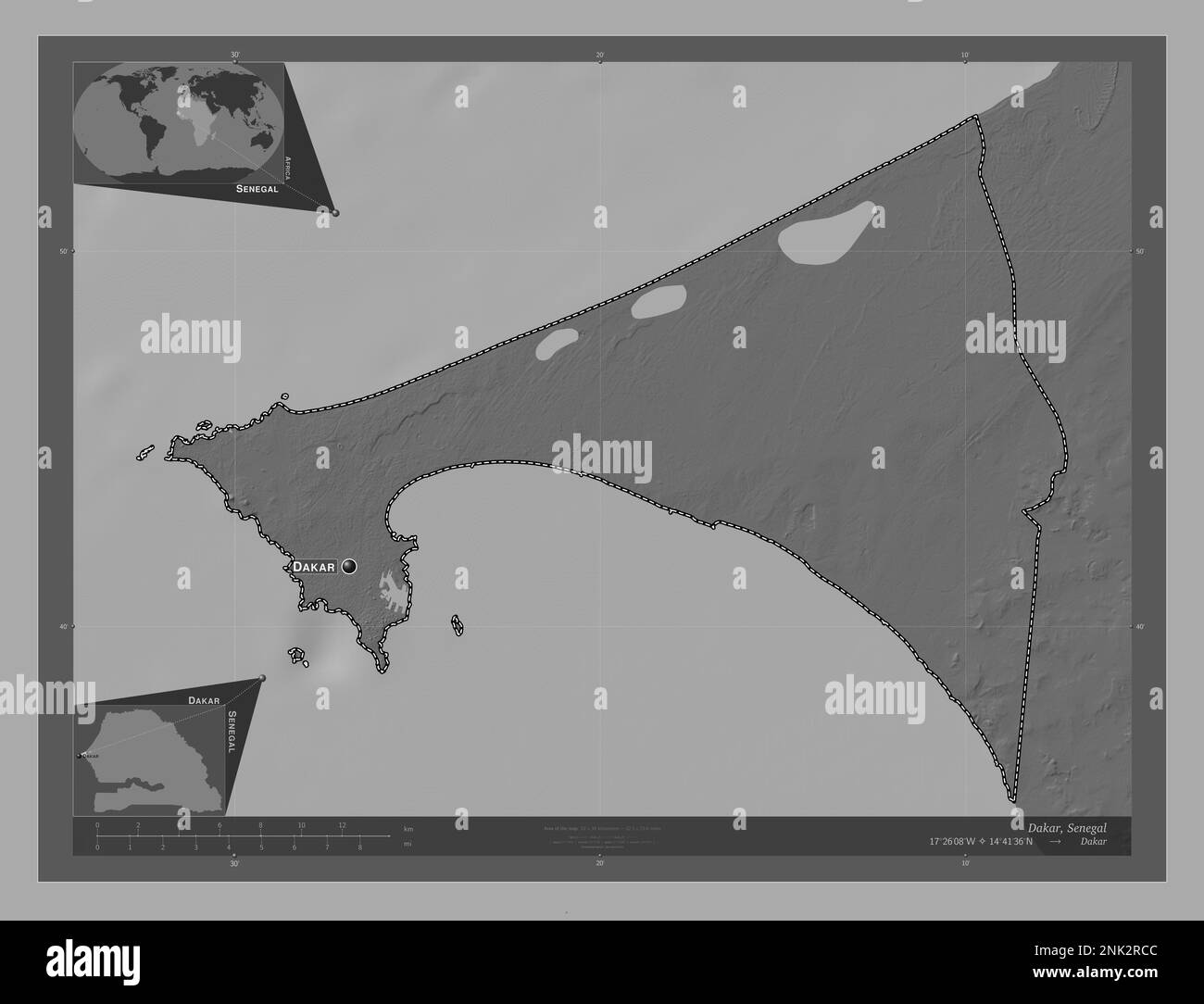 Dakar, region of Senegal. Bilevel elevation map with lakes and rivers. Locations and names of ...