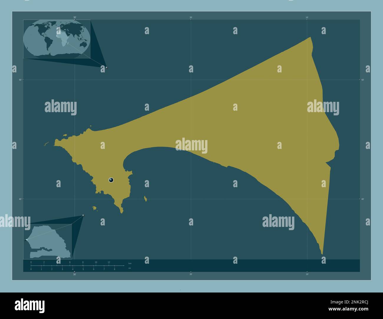 Dakar, region of Senegal. Solid color shape. Corner auxiliary location ...