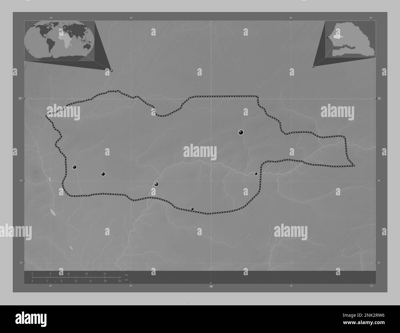 Diourbel, region of Senegal. Grayscale elevation map with lakes and ...