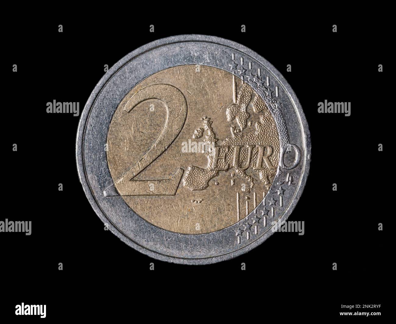 Macro picture of a 2 euro coin on black background. European Currency ...