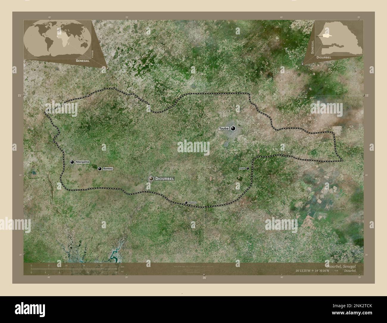 Diourbel, region of Senegal. High resolution satellite map. Locations and names of major cities ...