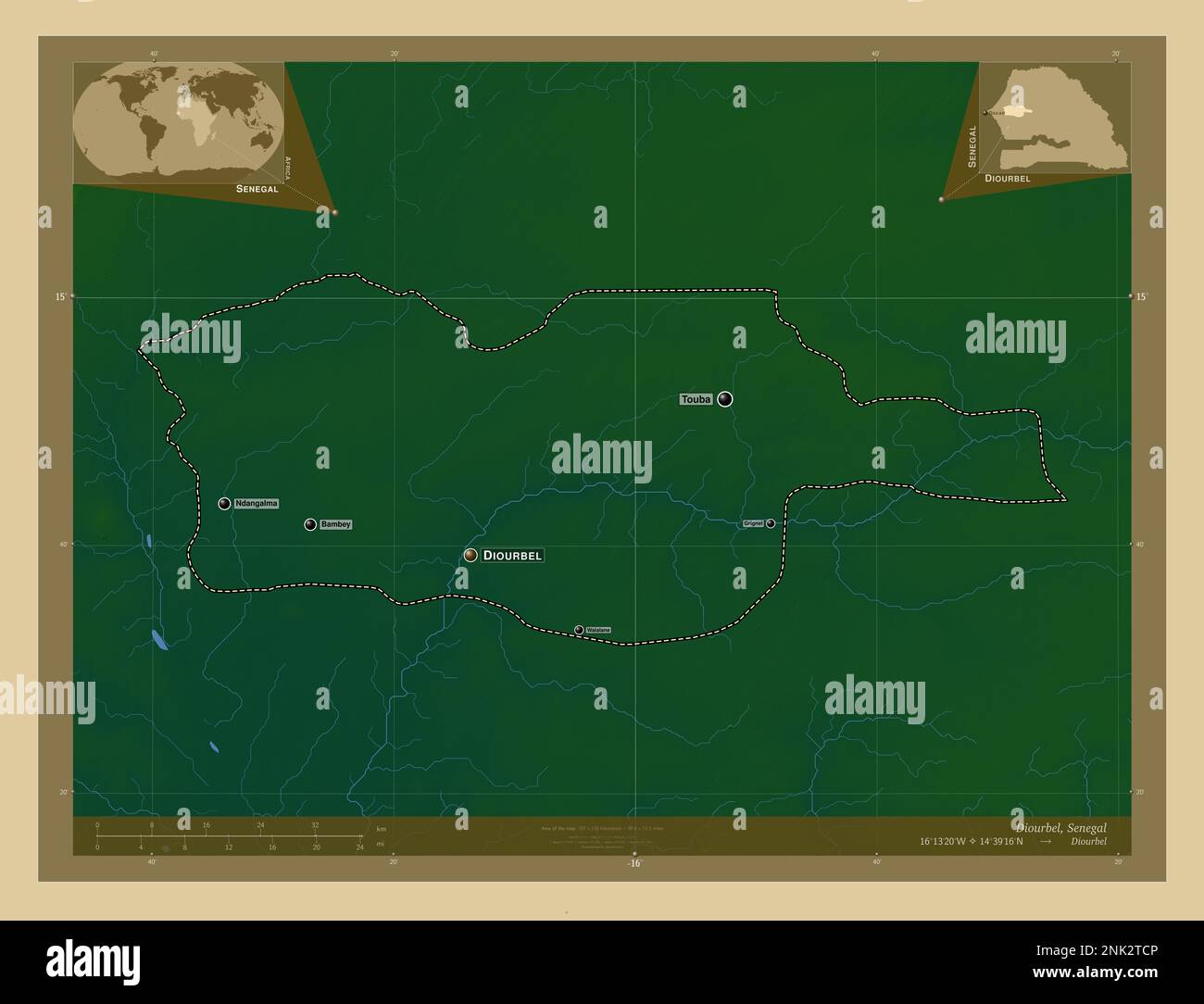 Diourbel, region of Senegal. Colored elevation map with lakes and ...