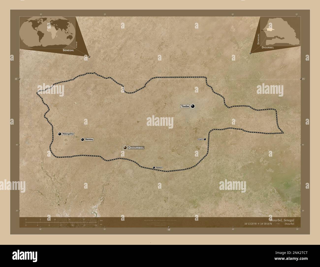 Diourbel, region of Senegal. Low resolution satellite map. Locations ...