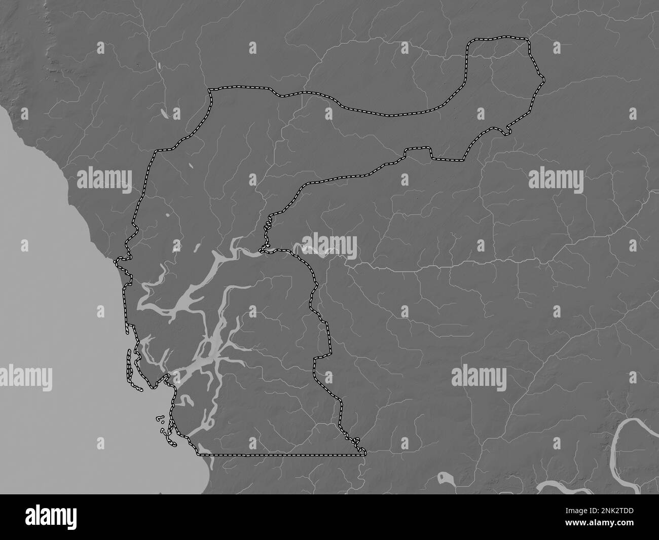 Fatick, region of Senegal. Bilevel elevation map with lakes and rivers ...