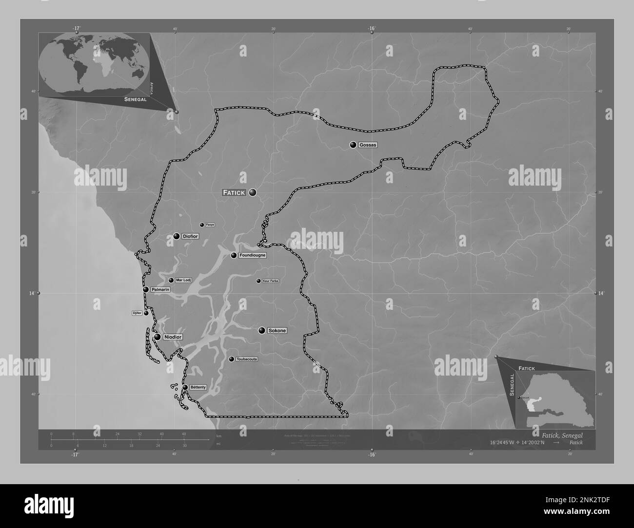 Fatick, region of Senegal. Grayscale elevation map with lakes and ...
