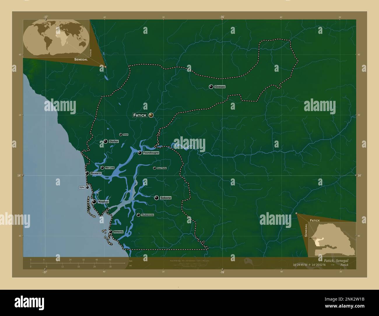 Fatick, region of Senegal. Colored elevation map with lakes and rivers ...