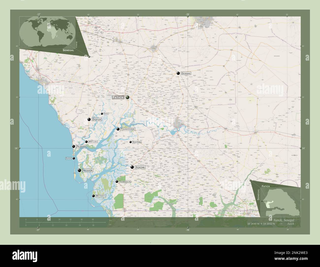 Fatick, region of Senegal. Open Street Map. Locations and names of ...