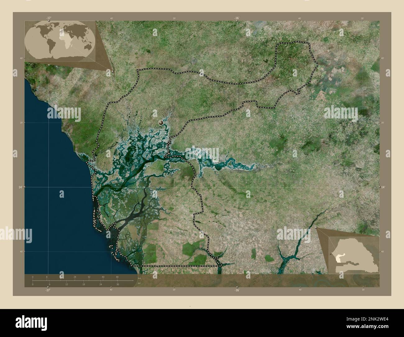 Fatick, region of Senegal. High resolution satellite map. Corner ...
