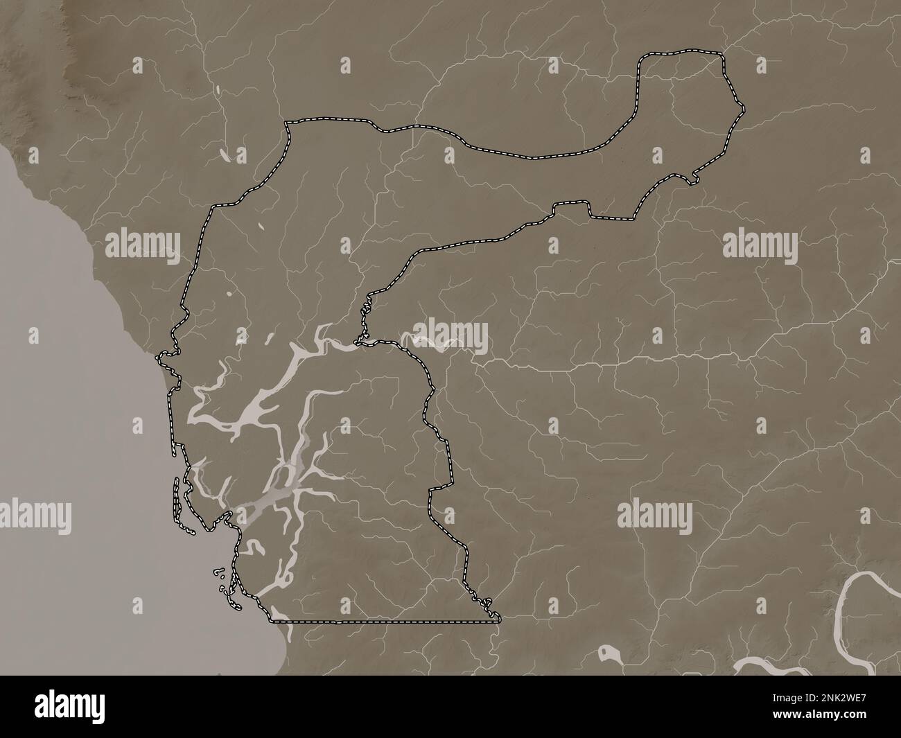 Fatick, region of Senegal. Elevation map colored in sepia tones with ...