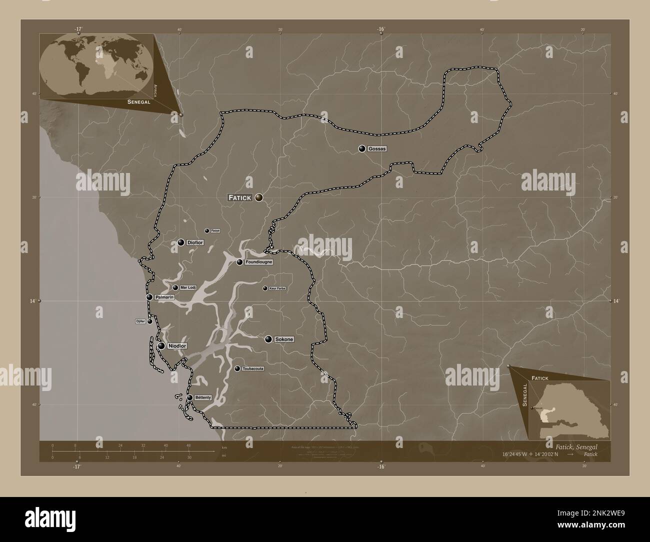 Fatick, region of Senegal. Elevation map colored in sepia tones with ...