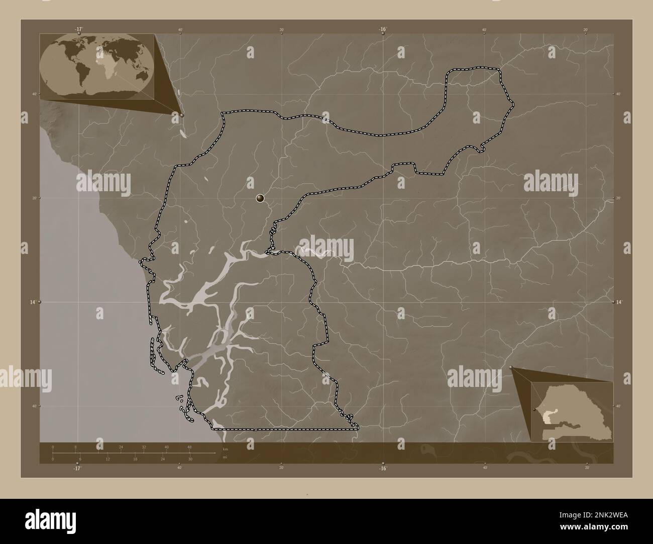 Fatick, region of Senegal. Elevation map colored in sepia tones with ...