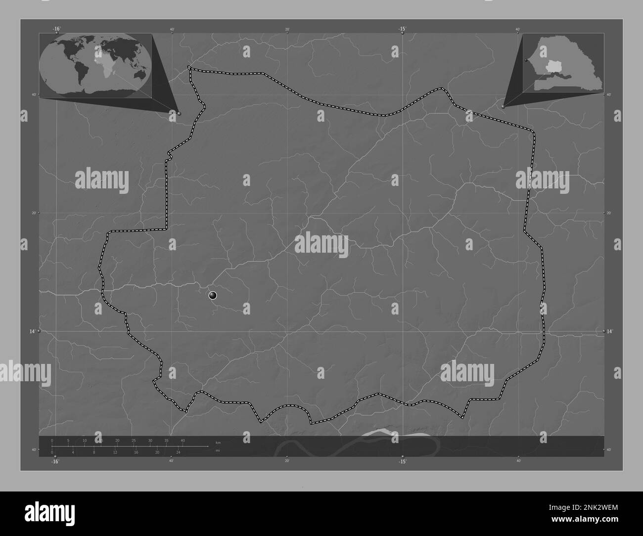 Kaffrine, region of Senegal. Bilevel elevation map with lakes and ...