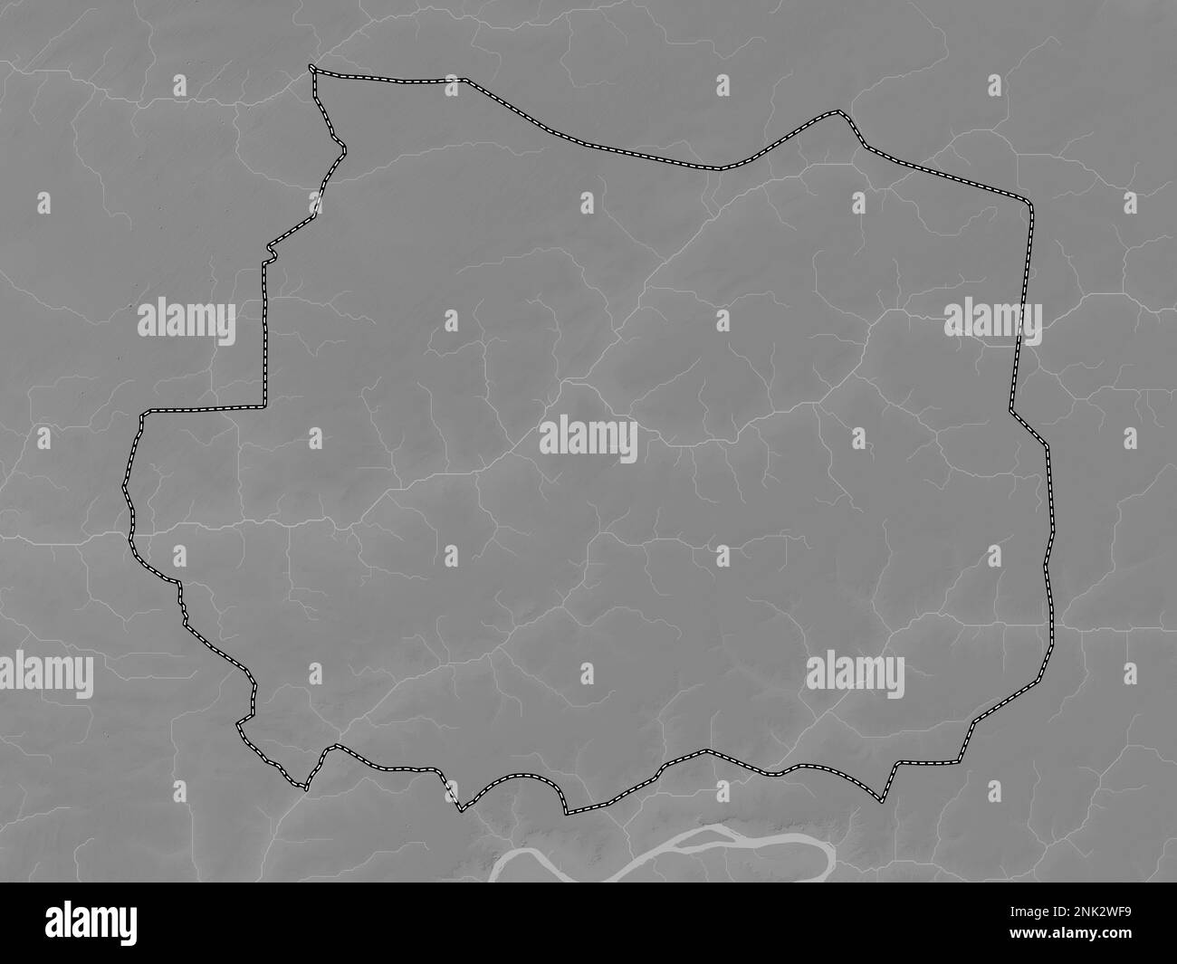 Kaffrine, region of Senegal. Grayscale elevation map with lakes and ...