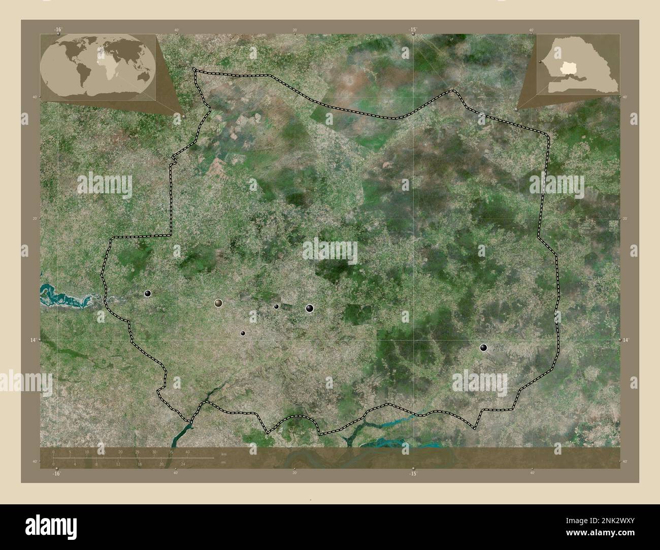 Kaffrine, region of Senegal. High resolution satellite map. Locations of major cities of the ...