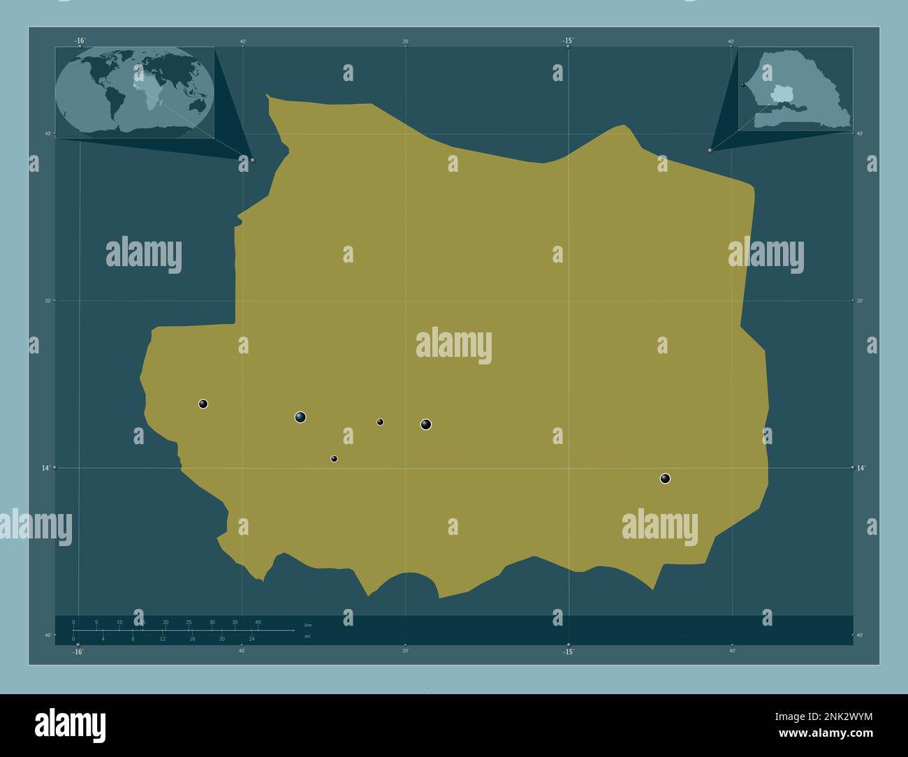 Kaffrine, region of Senegal. Solid color shape. Locations of major ...