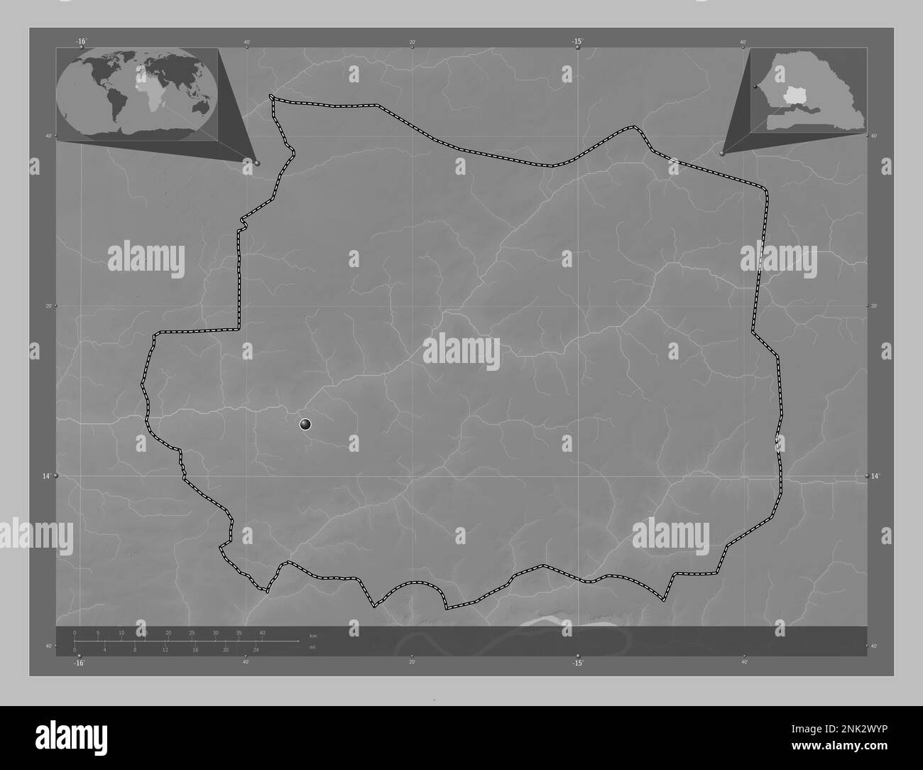 Kaffrine, region of Senegal. Grayscale elevation map with lakes and ...