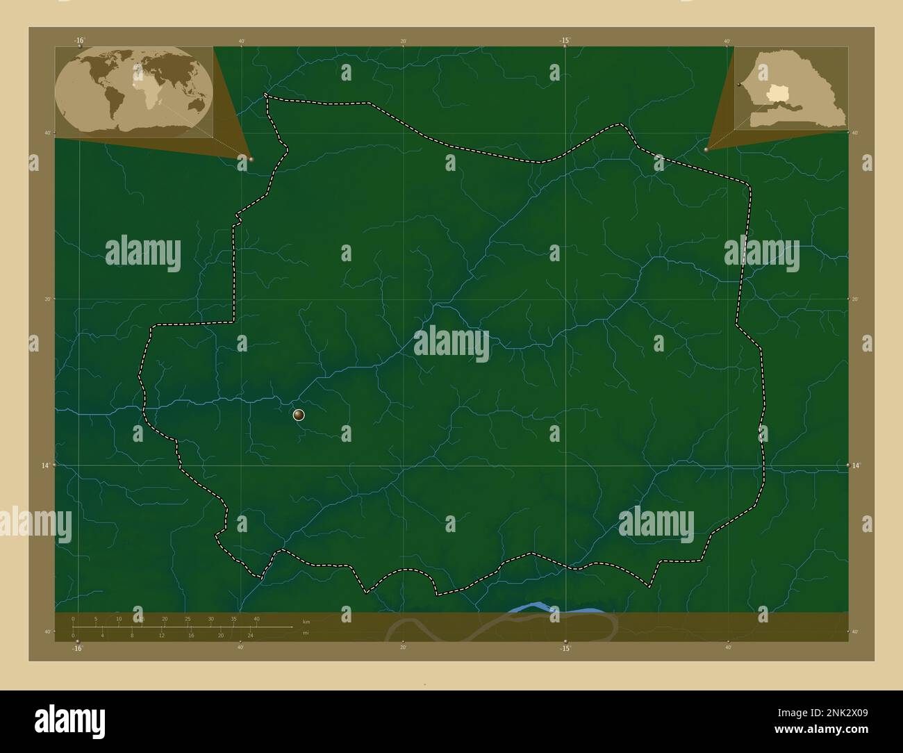 Kaffrine, region of Senegal. Colored elevation map with lakes and ...
