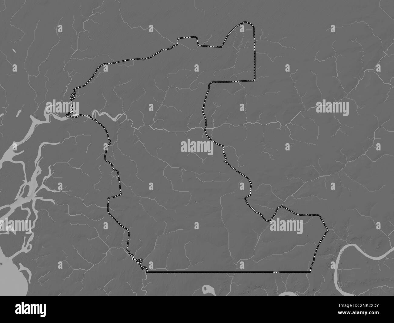 Kaolack, region of Senegal. Bilevel elevation map with lakes and rivers ...