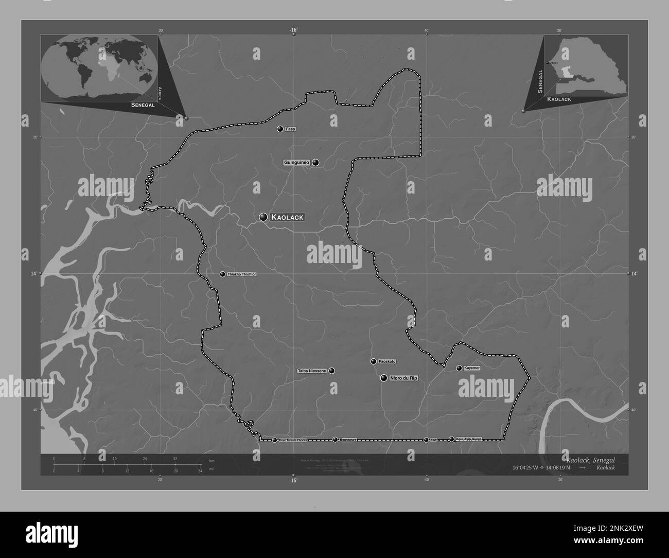 Kaolack, region of Senegal. Bilevel elevation map with lakes and rivers ...