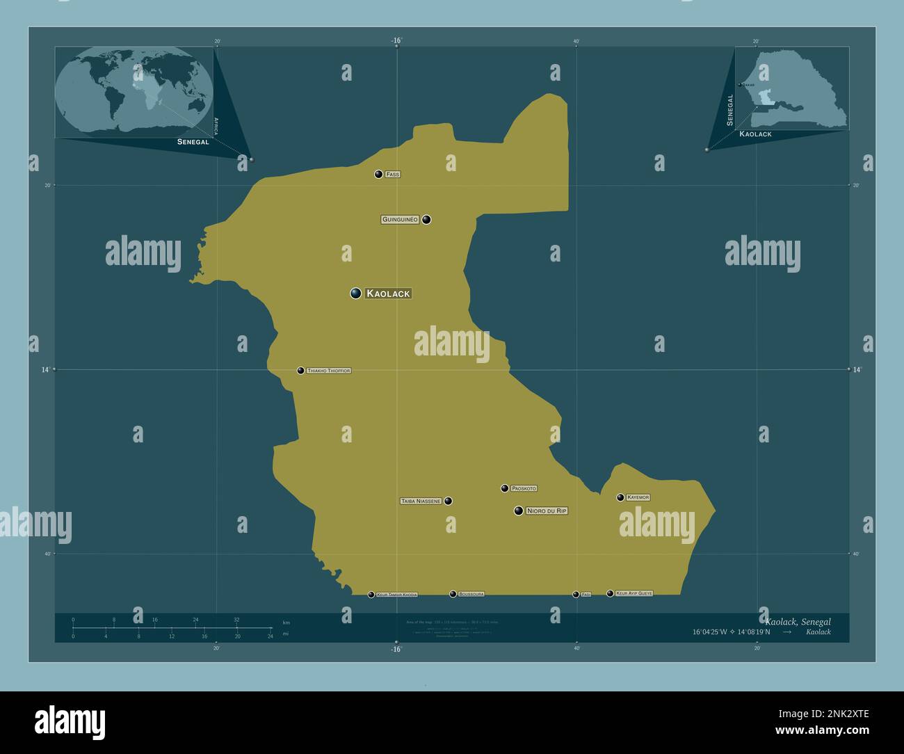 Kaolack, region of Senegal. Solid color shape. Locations and names of ...