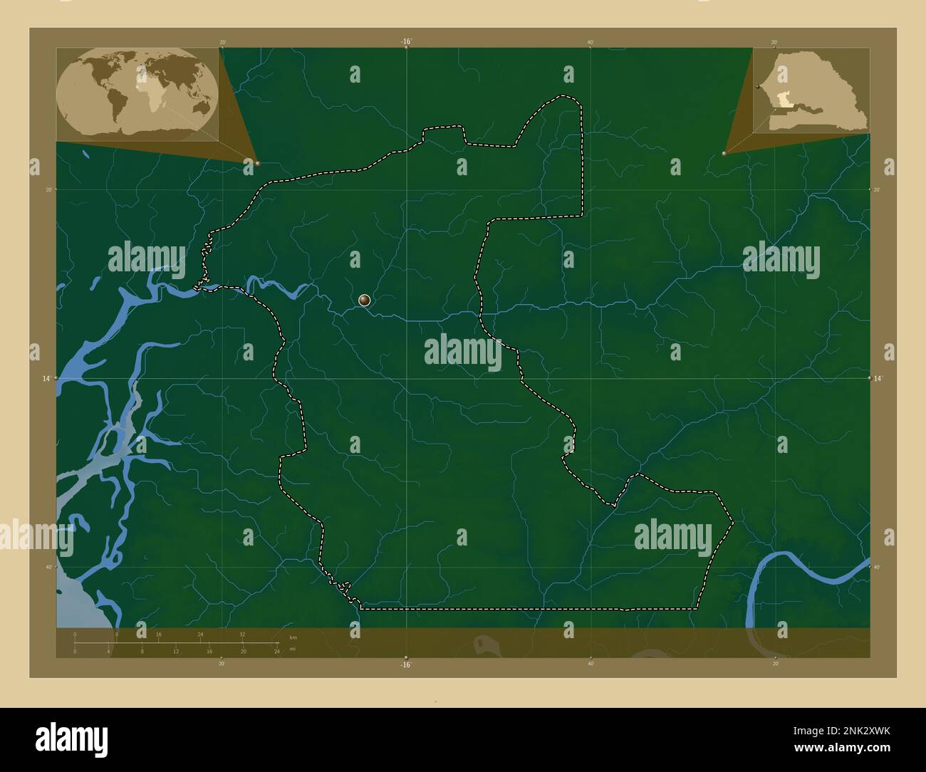 Kaolack, region of Senegal. Colored elevation map with lakes and rivers ...