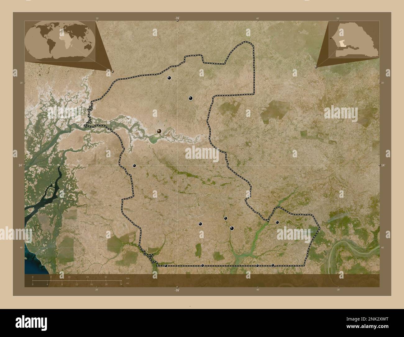 Kaolack, region of Senegal. Low resolution satellite map. Locations of ...