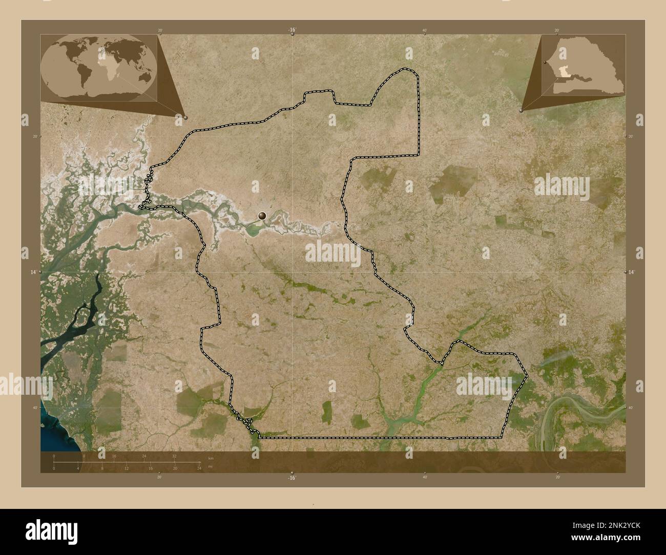 Kaolack, region of Senegal. Low resolution satellite map. Corner ...